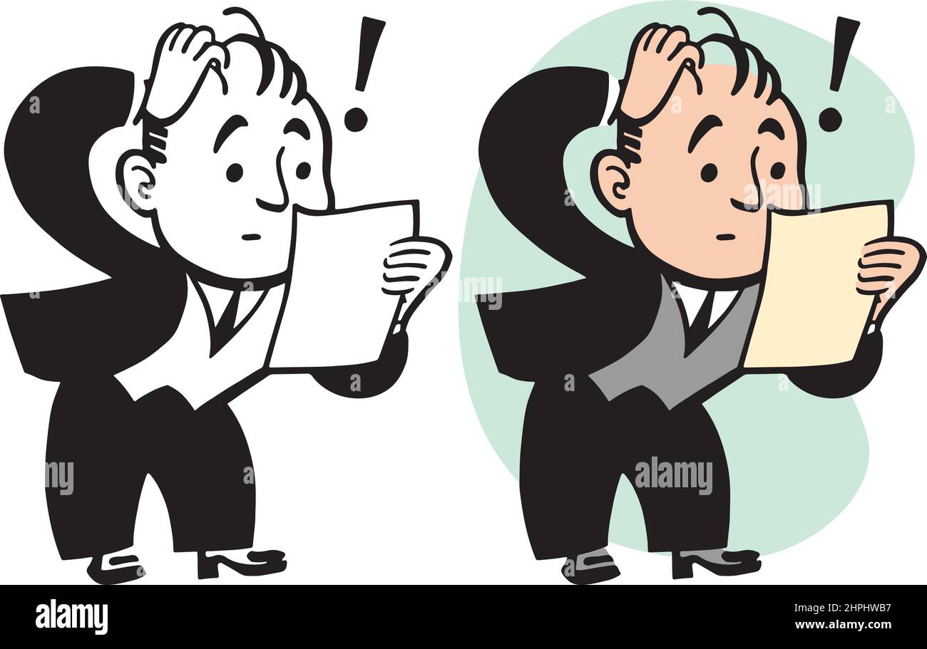 A vintage retro cartoon of a man worried about a bill or a notice in ...