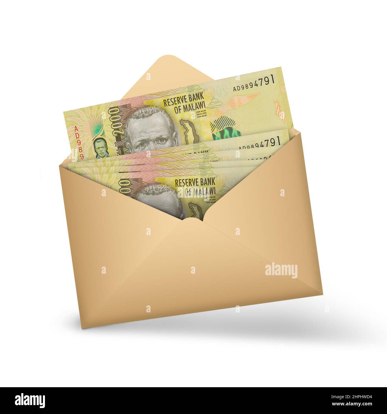 Malawian kwacha notes inside an open brown envelope. 3D illustration of ...