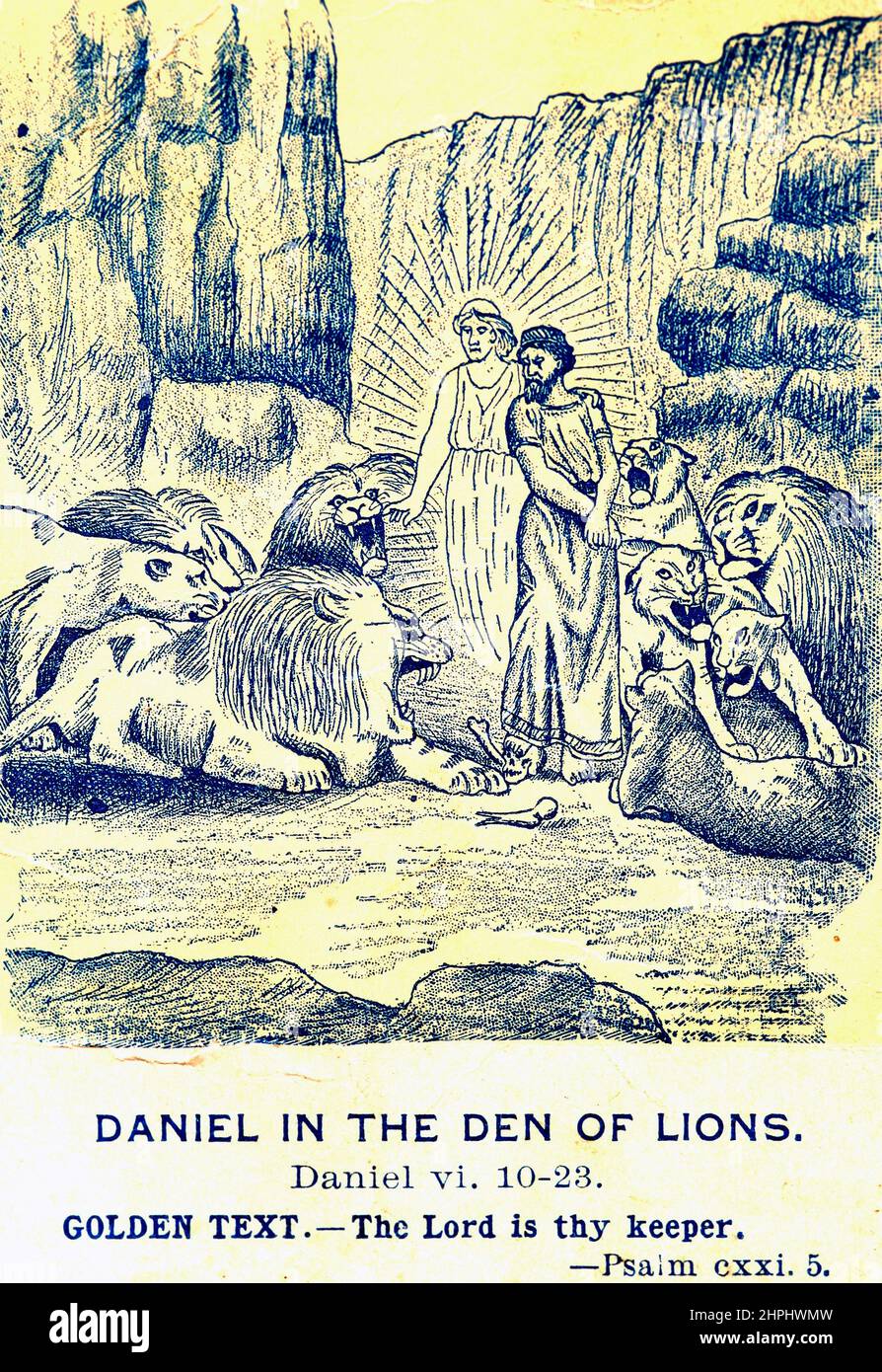 Daniel 6:23 Bible card Daniel in the Den of Lions Stock Photo - Alamy