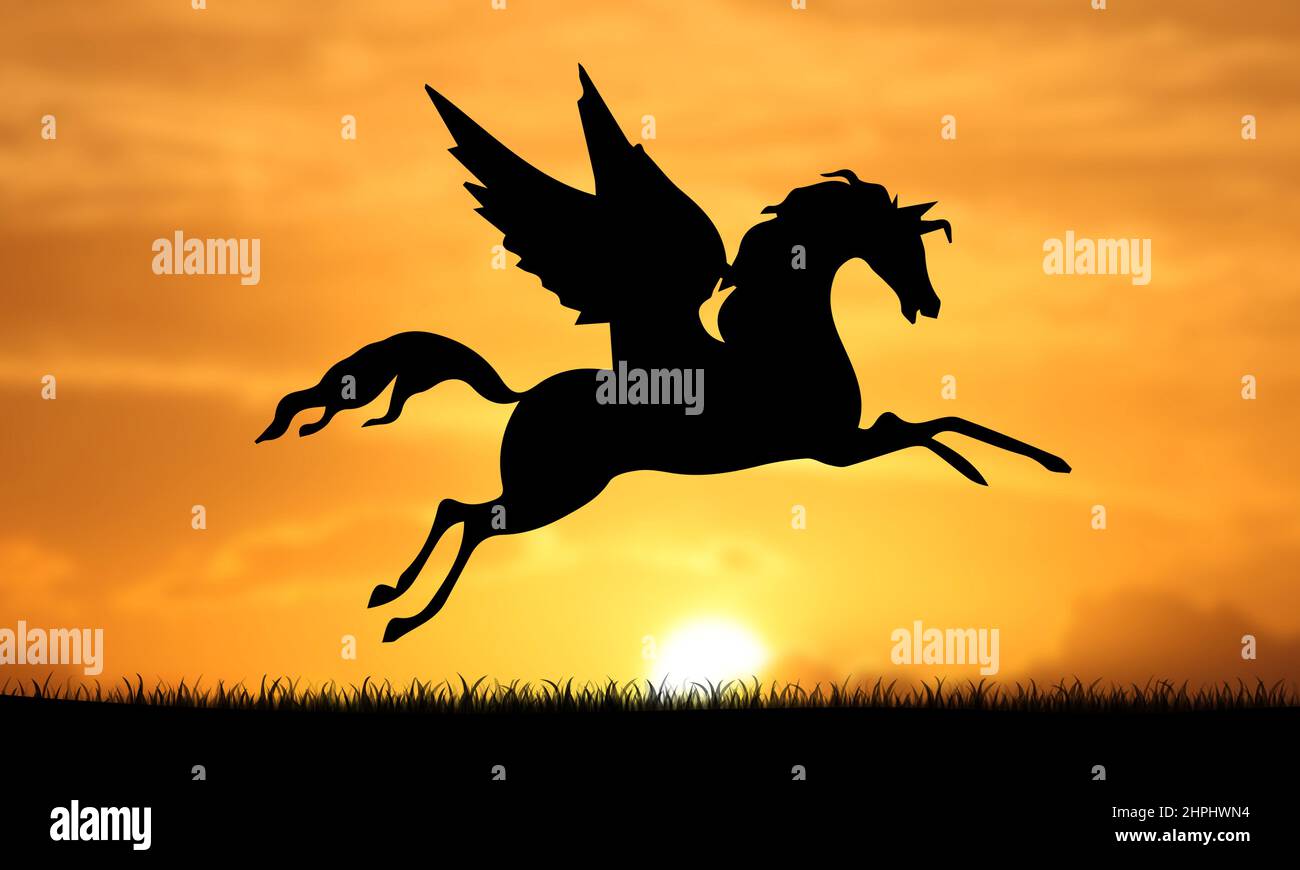 Pegasus Flying On Sky Sunset. Horse with Wings Jumping Stock Photo - Alamy