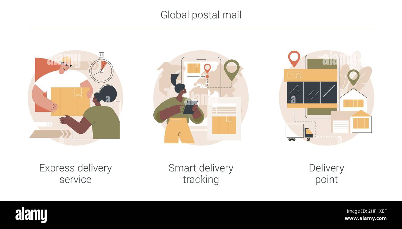 Global postal mail abstract concept vector illustration set. Express ...