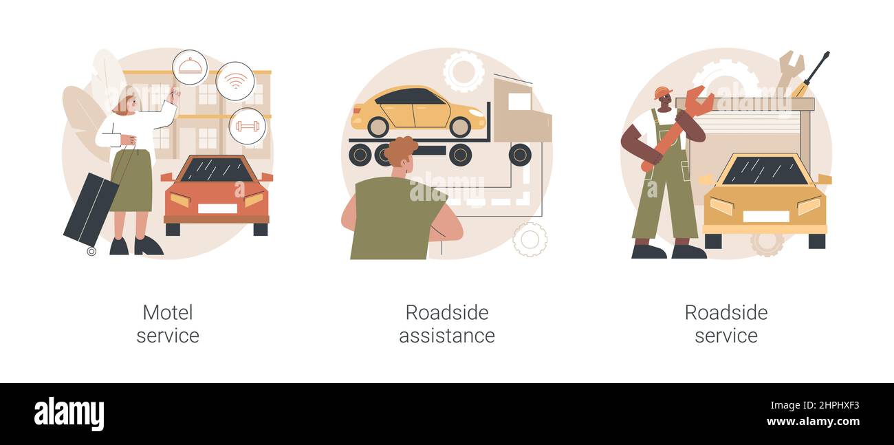 Roadside business abstract concept vector illustration set. Motel service, roadside service and ...