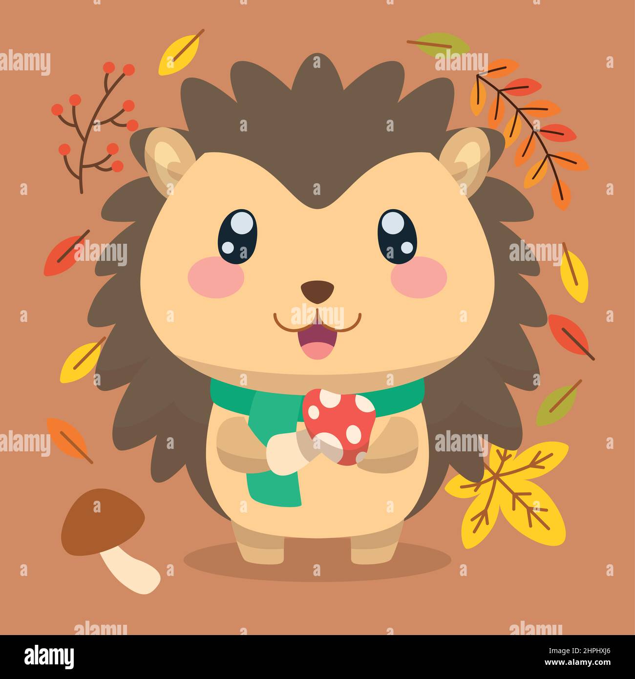 Isolated cute hedgehog character holding a mushroom autumn Vector Stock ...