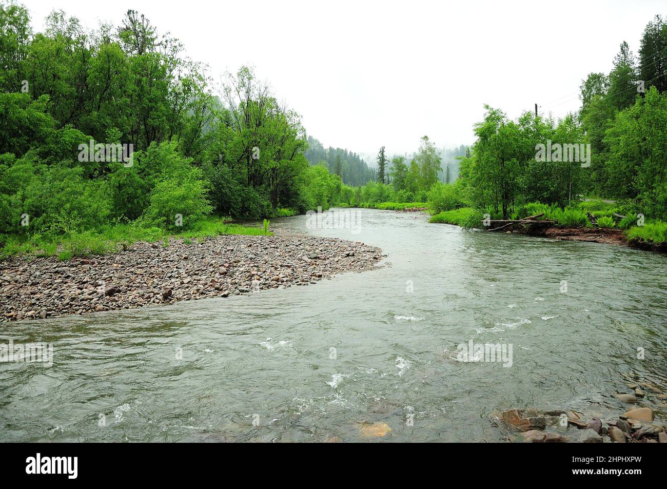 A winding stream of a shallow mountain river flows through the morning ...