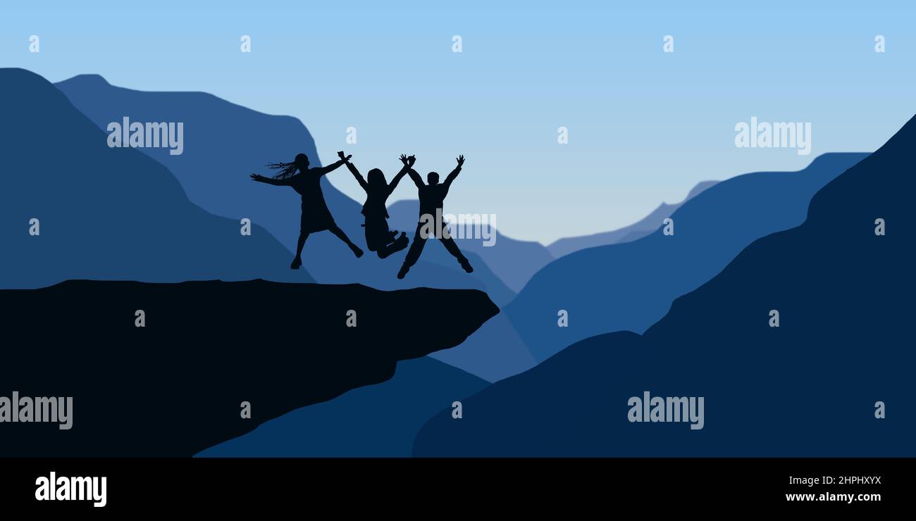 Happy Business Team Jumping On Cliff in a Mountains valley. Celebrate ...