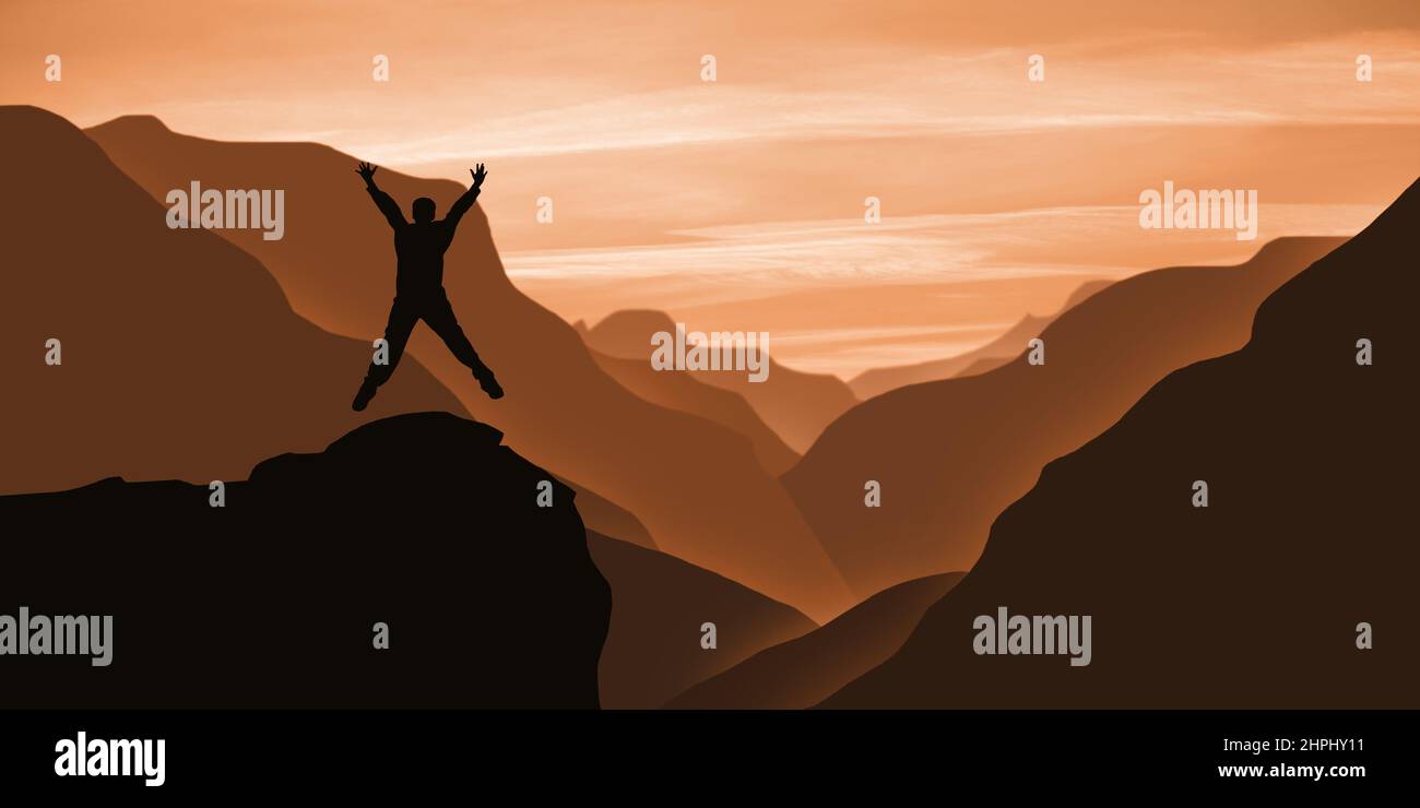 Silhouette man jumping victory success hi-res stock photography and ...
