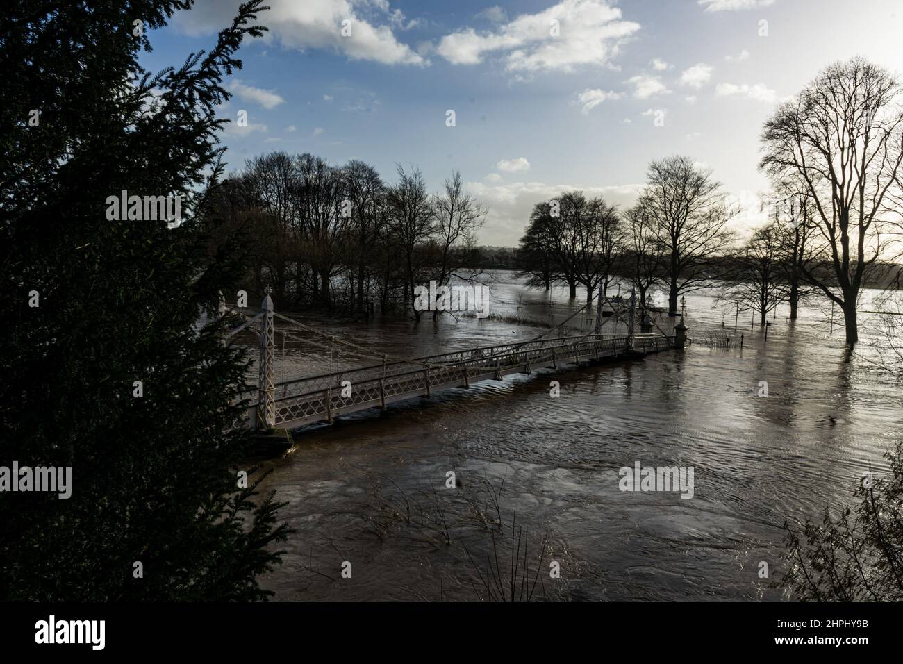 The Victoria Bridge is seen submerged by flood water as Storm Franklin ...