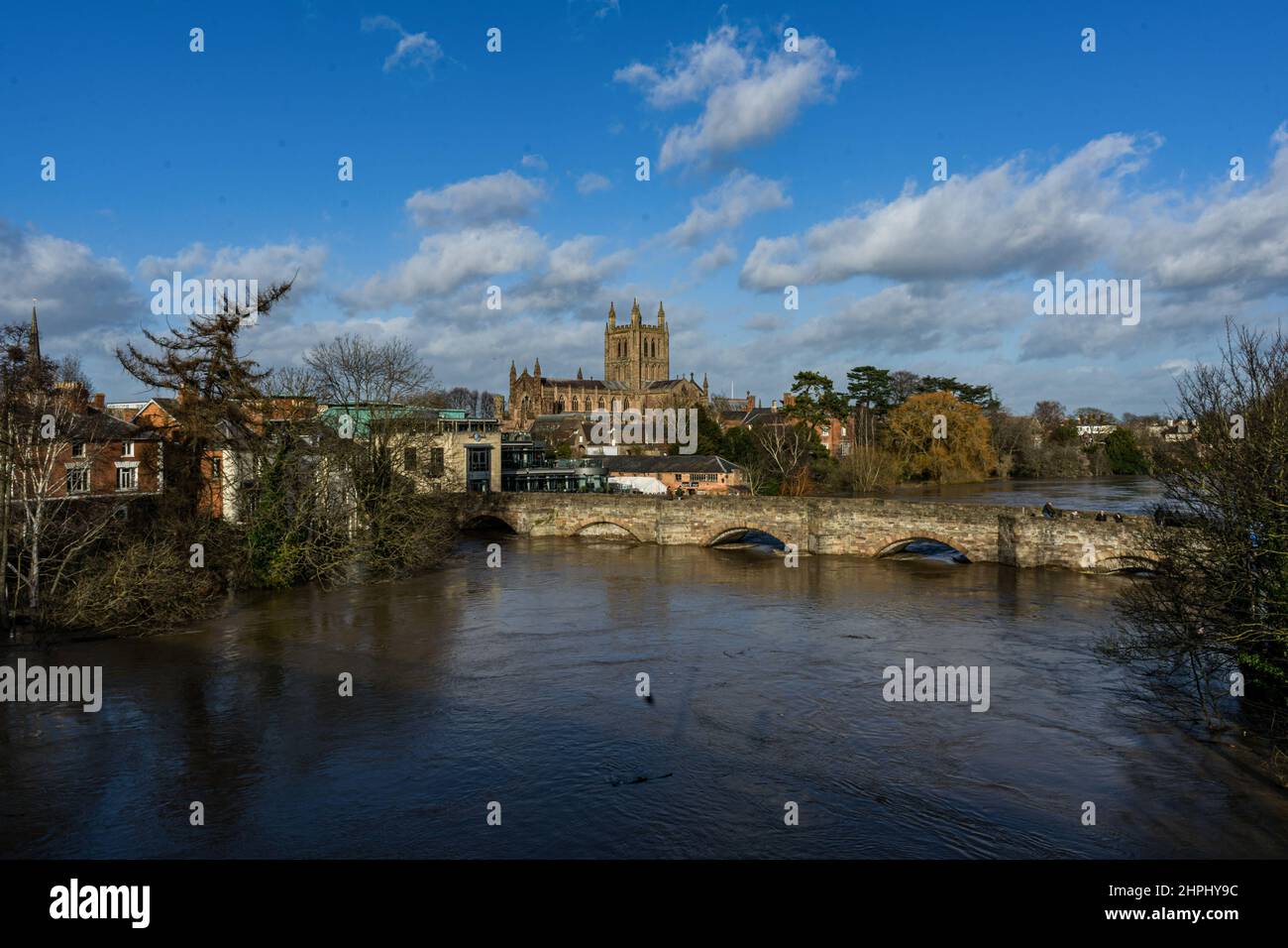 The flooded River Wye runs under the Old Bridge as Storm Franklin ...