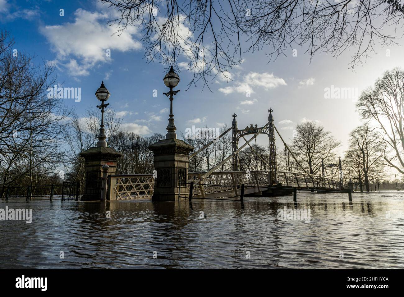 The Victoria Bridge is seen submerged by flood water as Storm Franklin ...