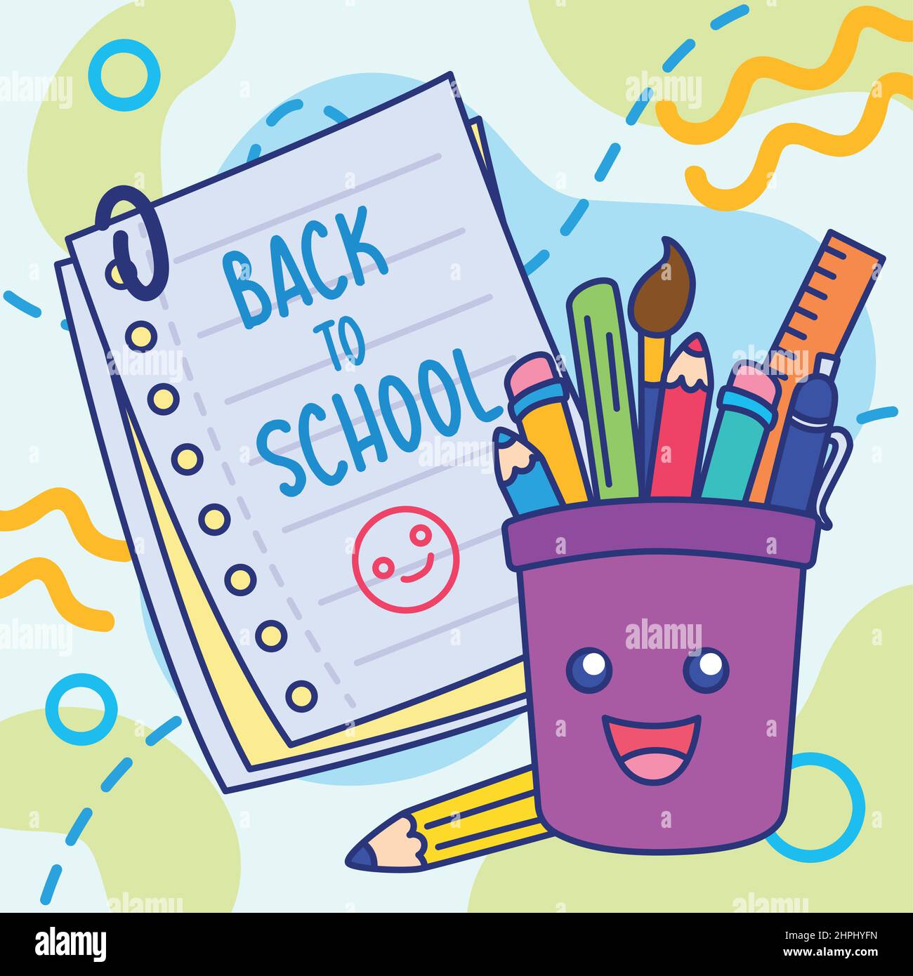 Colored back to school poster Happy school supplies mug character ...