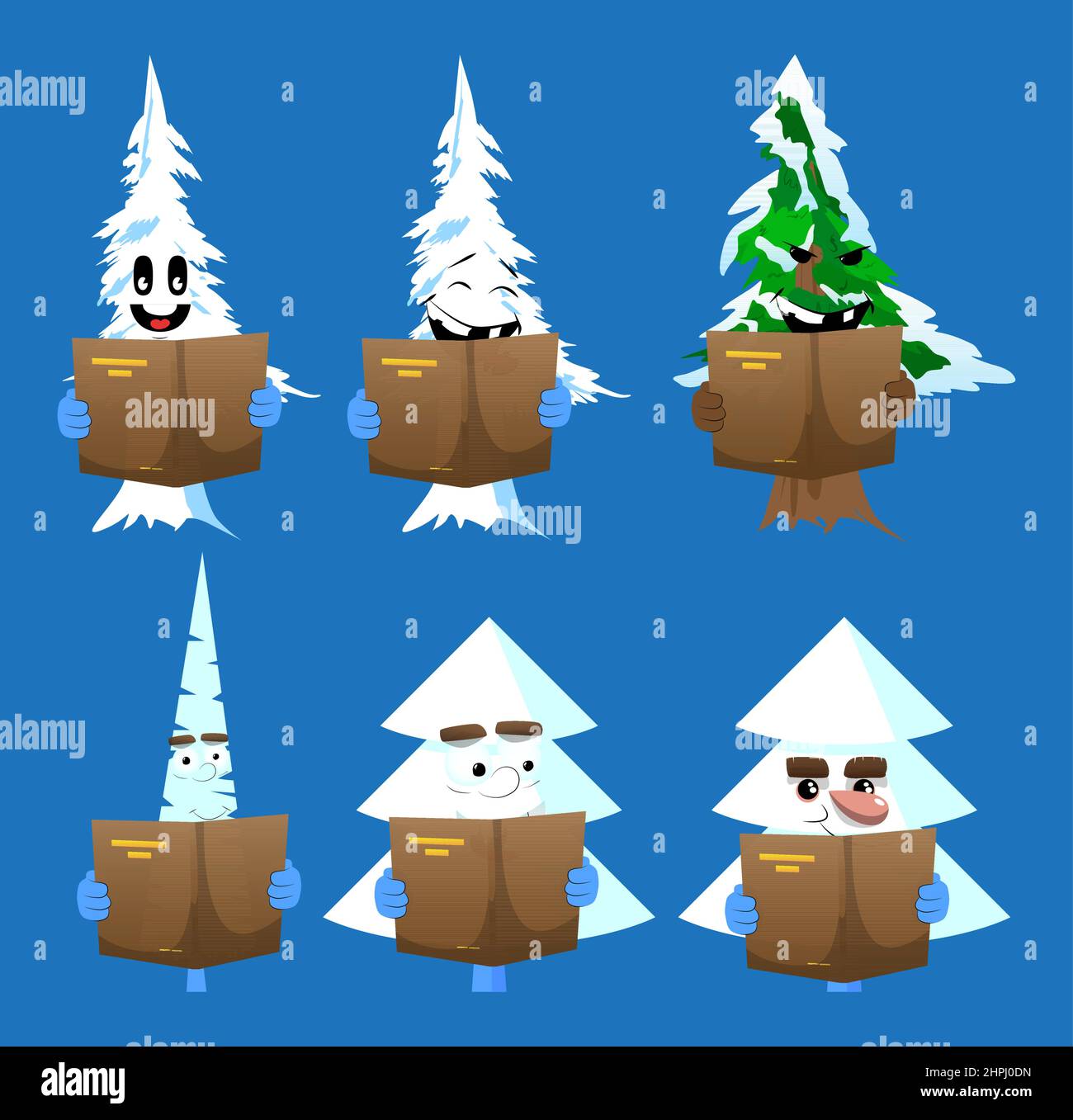 Cartoon winter pine trees with faces reading a book. Cute forest trees ...
