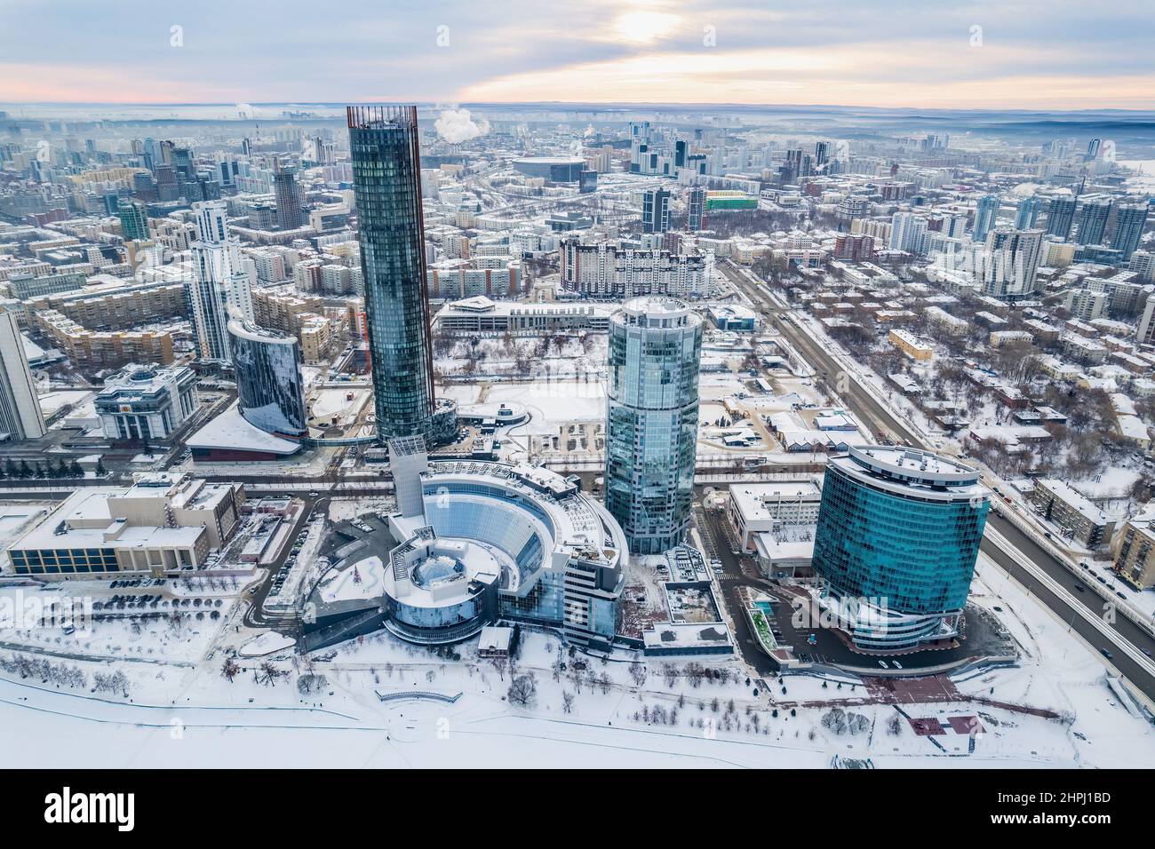 Yekaterinburg aerial panoramic view in Winter at sunset. Yekaterinburg ...