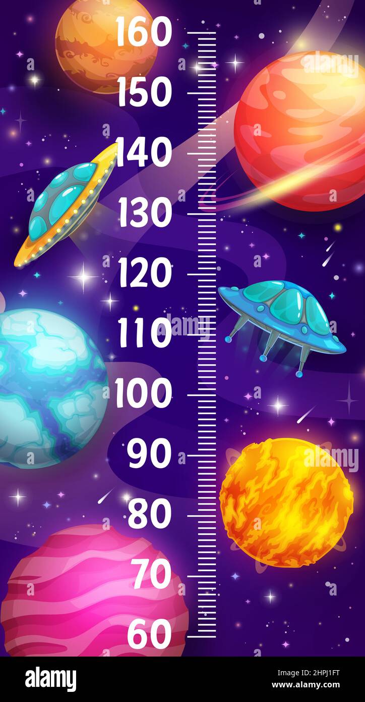 Kids height chart, cartoon galaxy space planets, stars and rocket ...