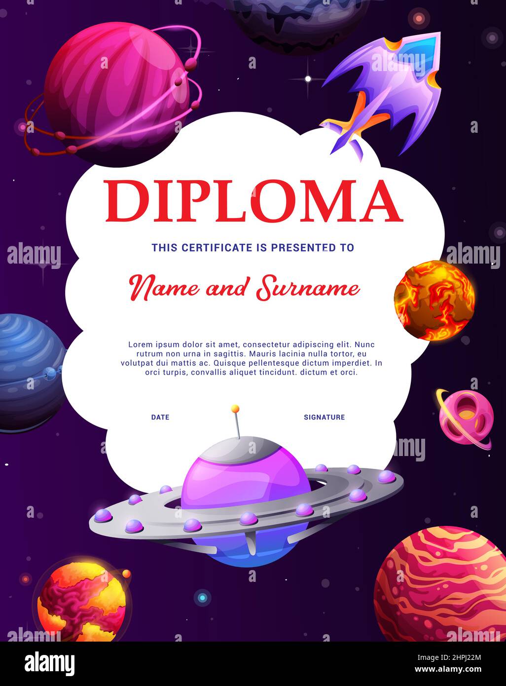 Kids diploma with starship and UFO in galaxy starry space. School ...