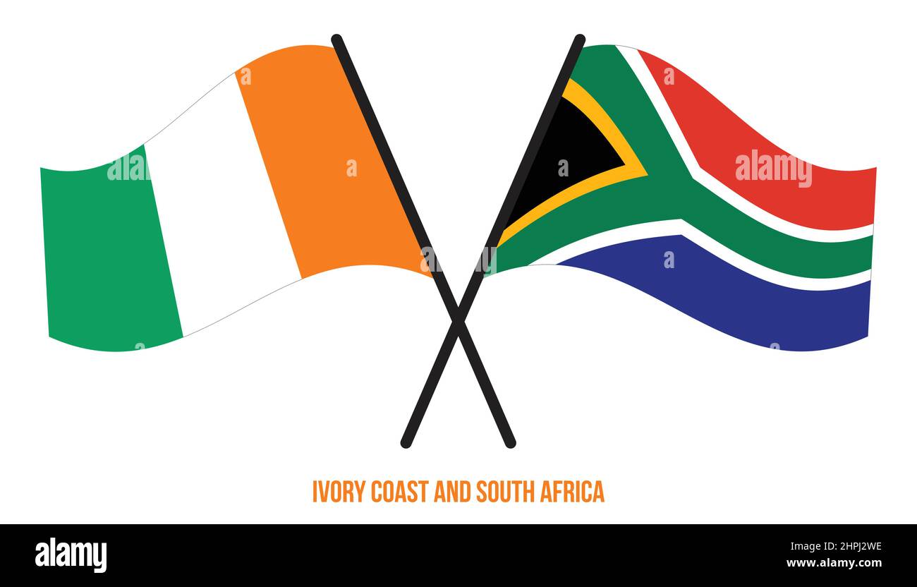 Ivory Coast And South Africa Flags Crossed And Waving Flat Style