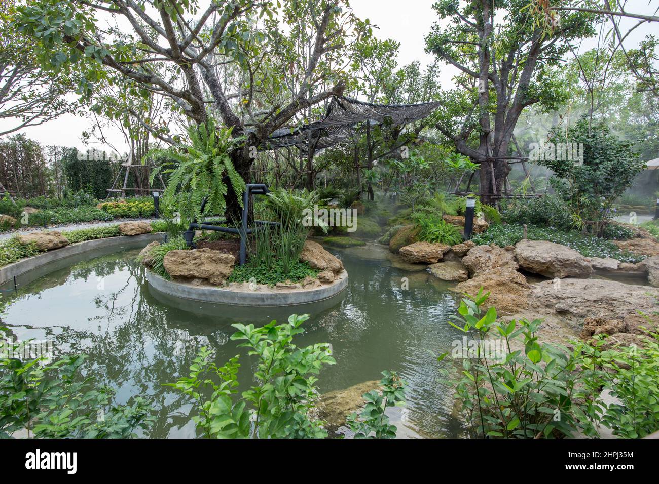 Landscaping design with many tree in the garden Stock Photo - Alamy