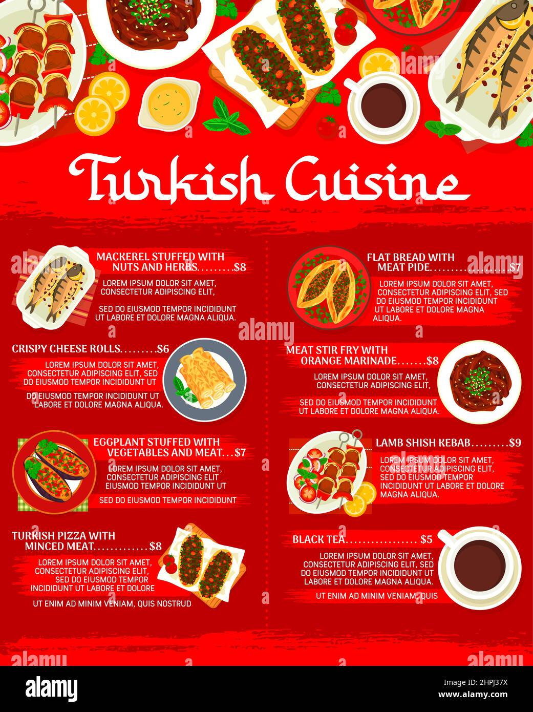 Turkish cuisine menu vector template with traditional food dishes. Meat ...