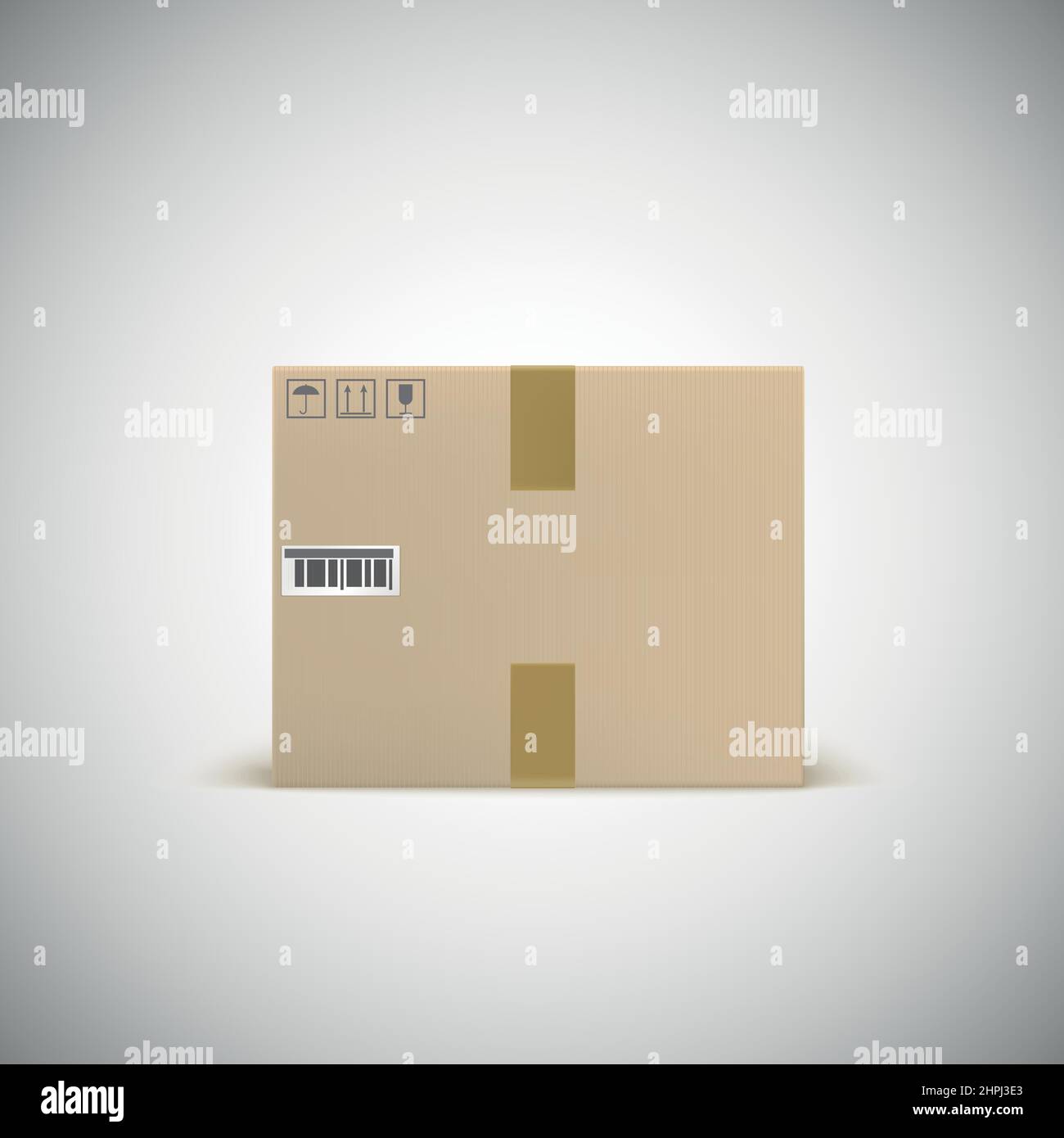 Sealed cardboard box with barcode tape and traffic signs. Front view ...
