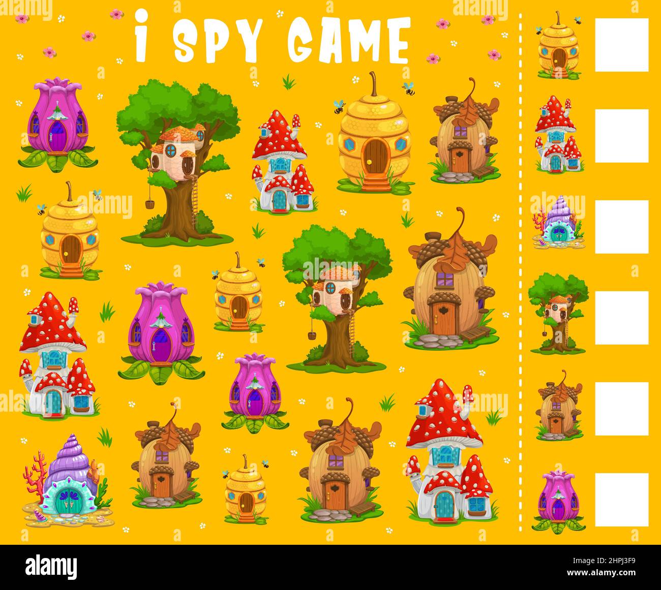 I spy kids game with counting fairy houses task. Children riddle with ...