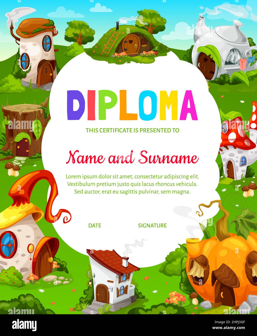 Cartoon fairytale houses of gnomes and elves, kids diploma or ...