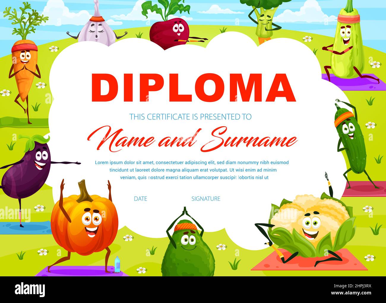 Cartoon funny vegetable characters on yoga sport, vector kids diploma ...