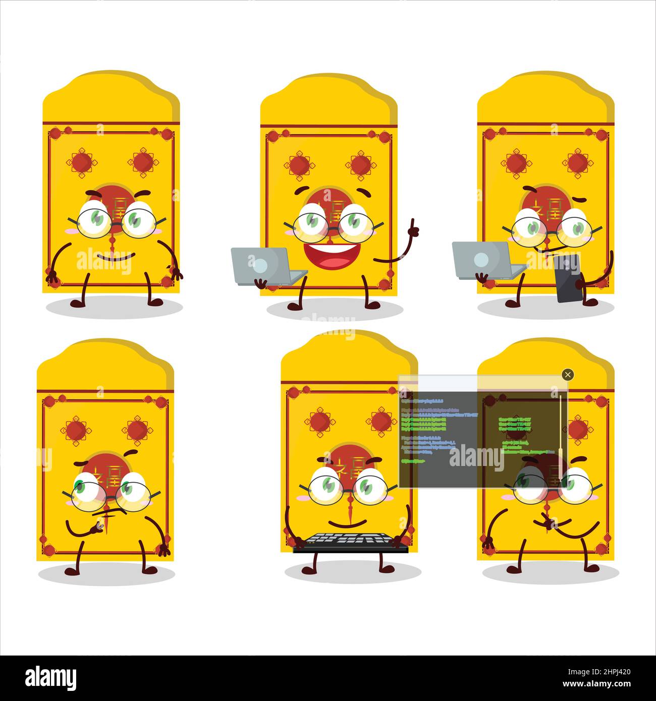 Yellow packets chinese Programmer cute cartoon character with. Vector ...