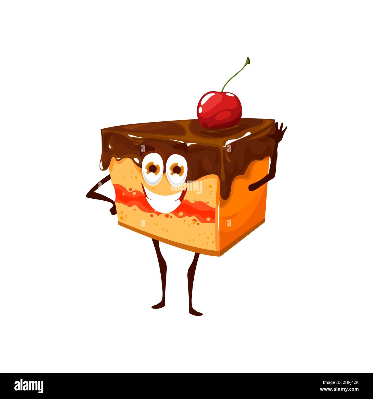 Funny cartoon pie or cake with cherry and chocolate. Piece of chocolate ...