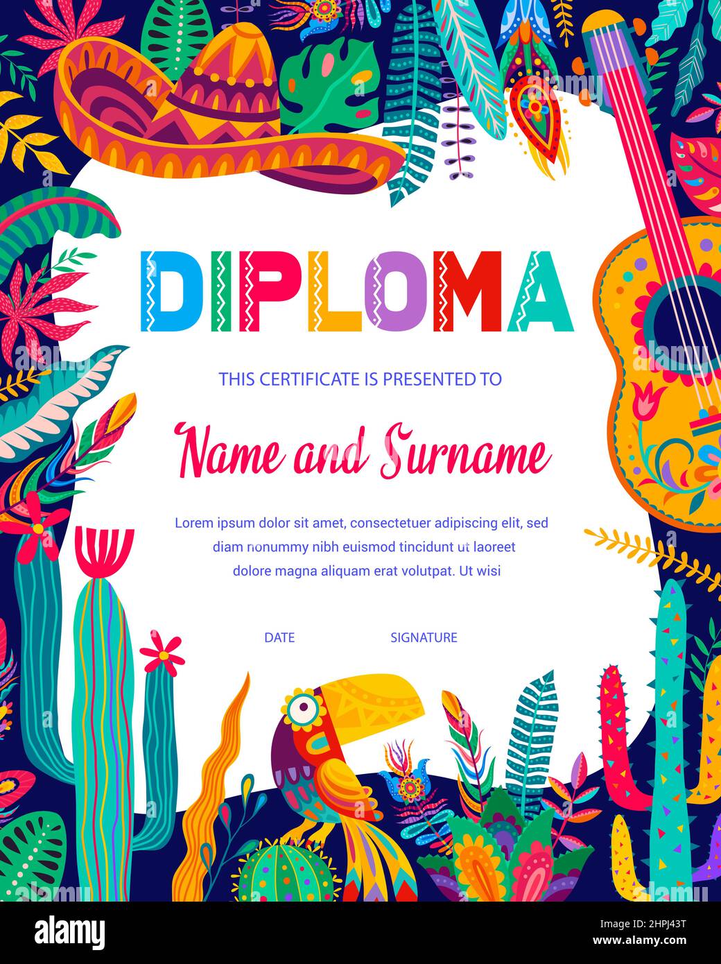 kids diploma with mexican motifs. Kids education achievement diploma ...