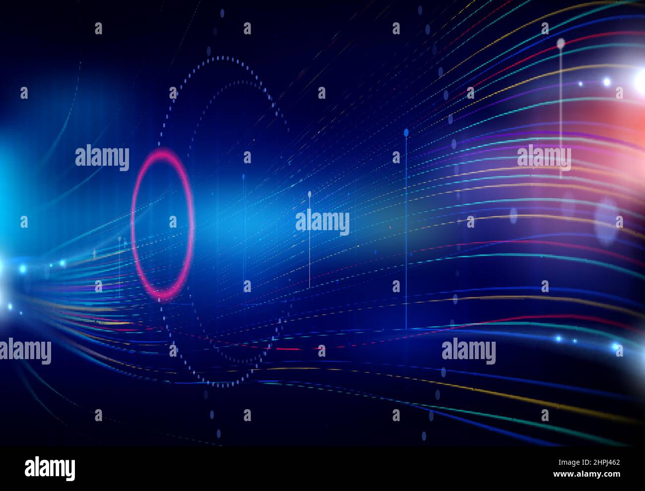 Big data information waves, network technology vector background. Futuristic neon glowing screen ...