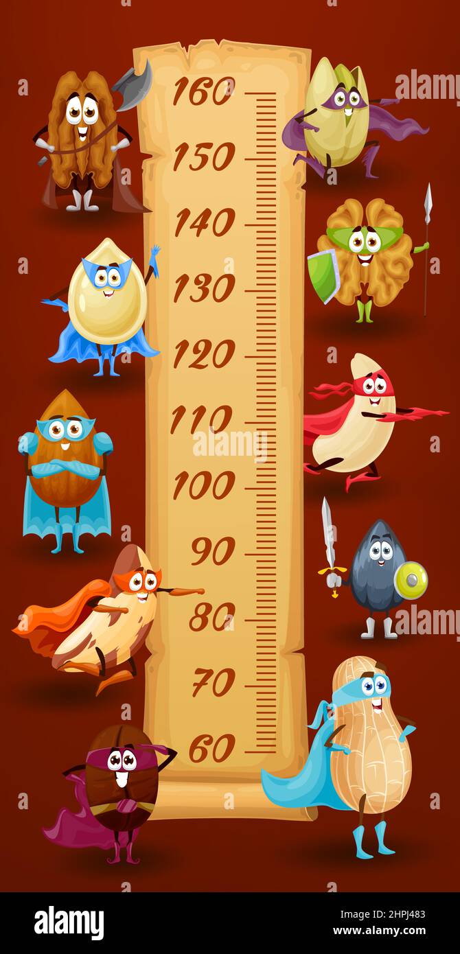 Kids height chart, cartoon superhero nuts and legumes, vector growth ...