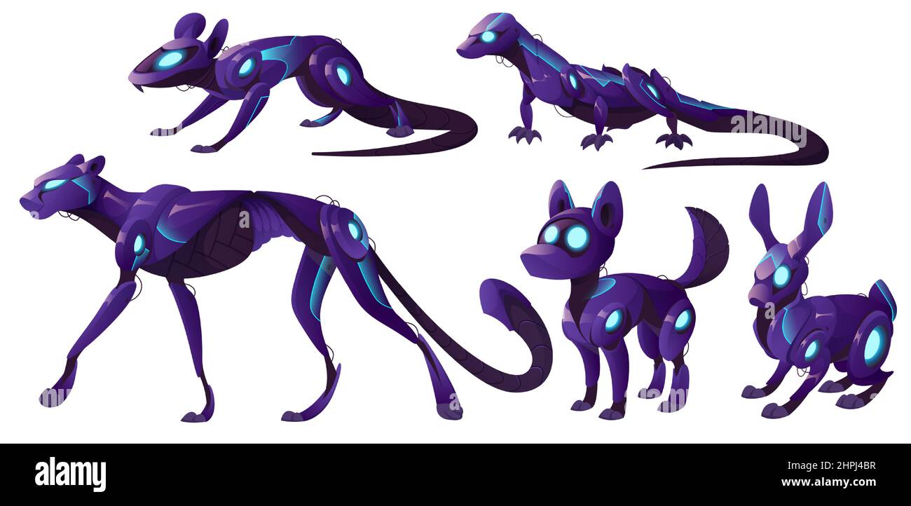Mechanical animals, panther, lizard, dog and rabbit robots. Vector ...