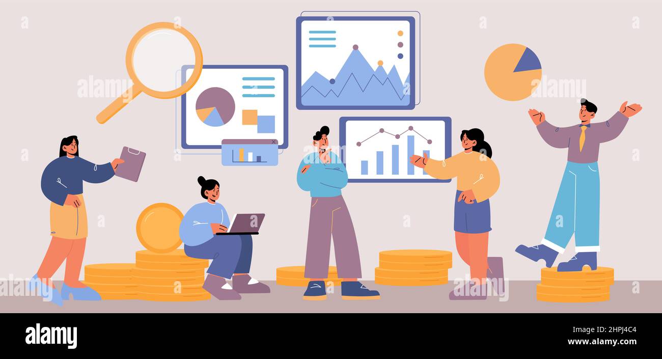 People work with analytic data on dashboard with graphs and charts ...