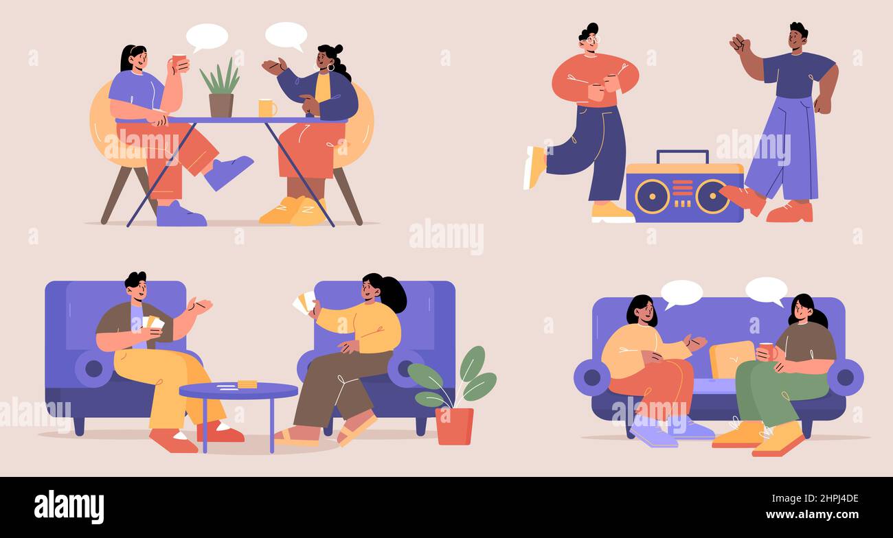 Friends meeting for hobby, play card game, talking, drink tea or coffee ...