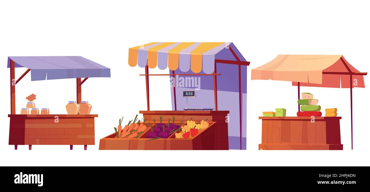 Local food market stalls with honey, vegetables and cheese. Vector ...