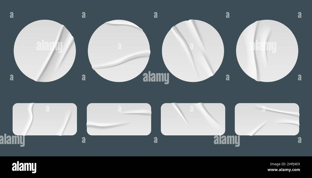 White stickers, glued paper patches and adhesive tapes with wrinkles ...