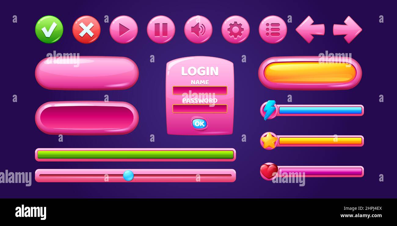 Glossy pink buttons and frames for user interface design in game ...