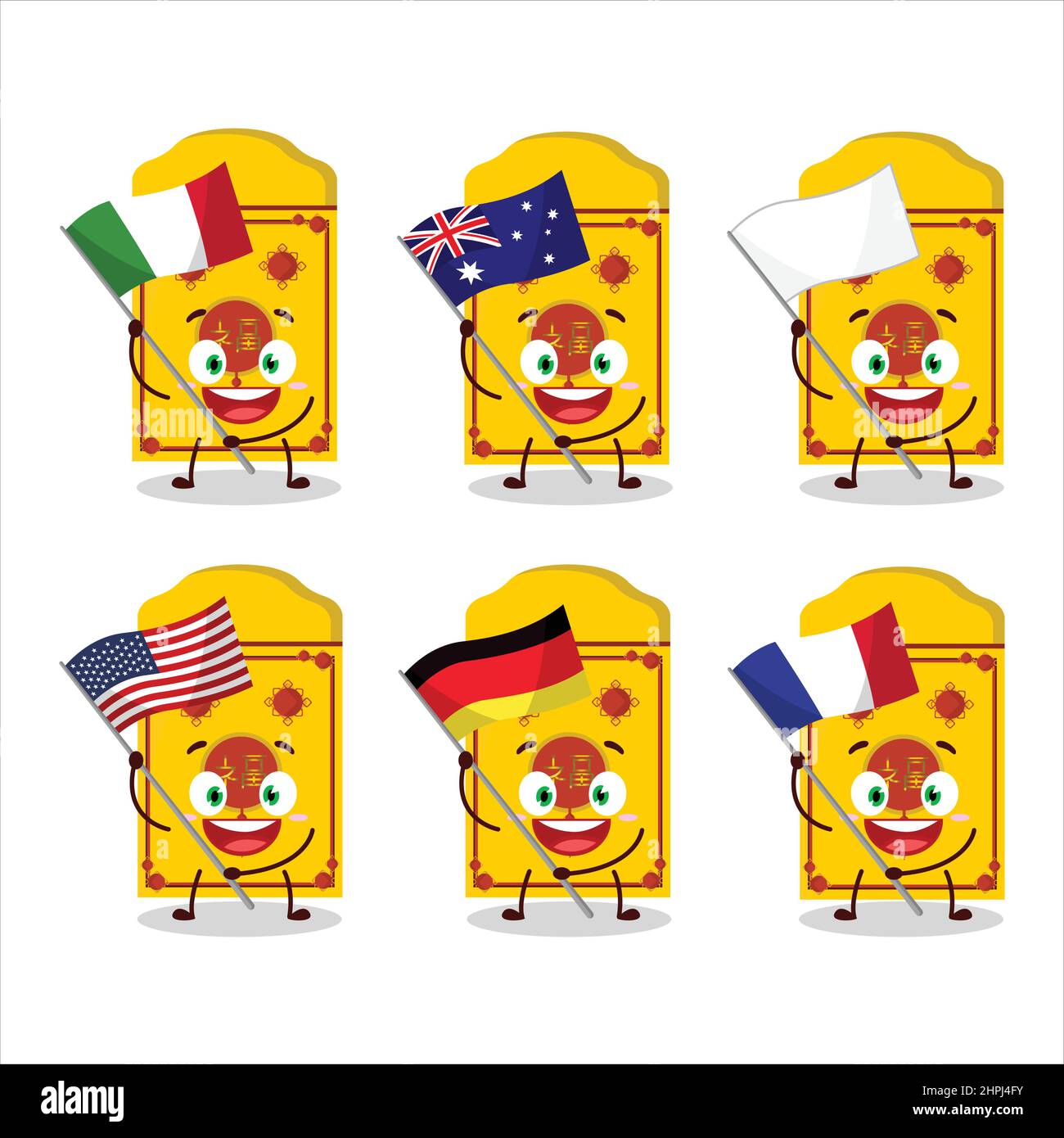 Yellow Packets Chinese Cartoon Character Bring The Flags Of Various