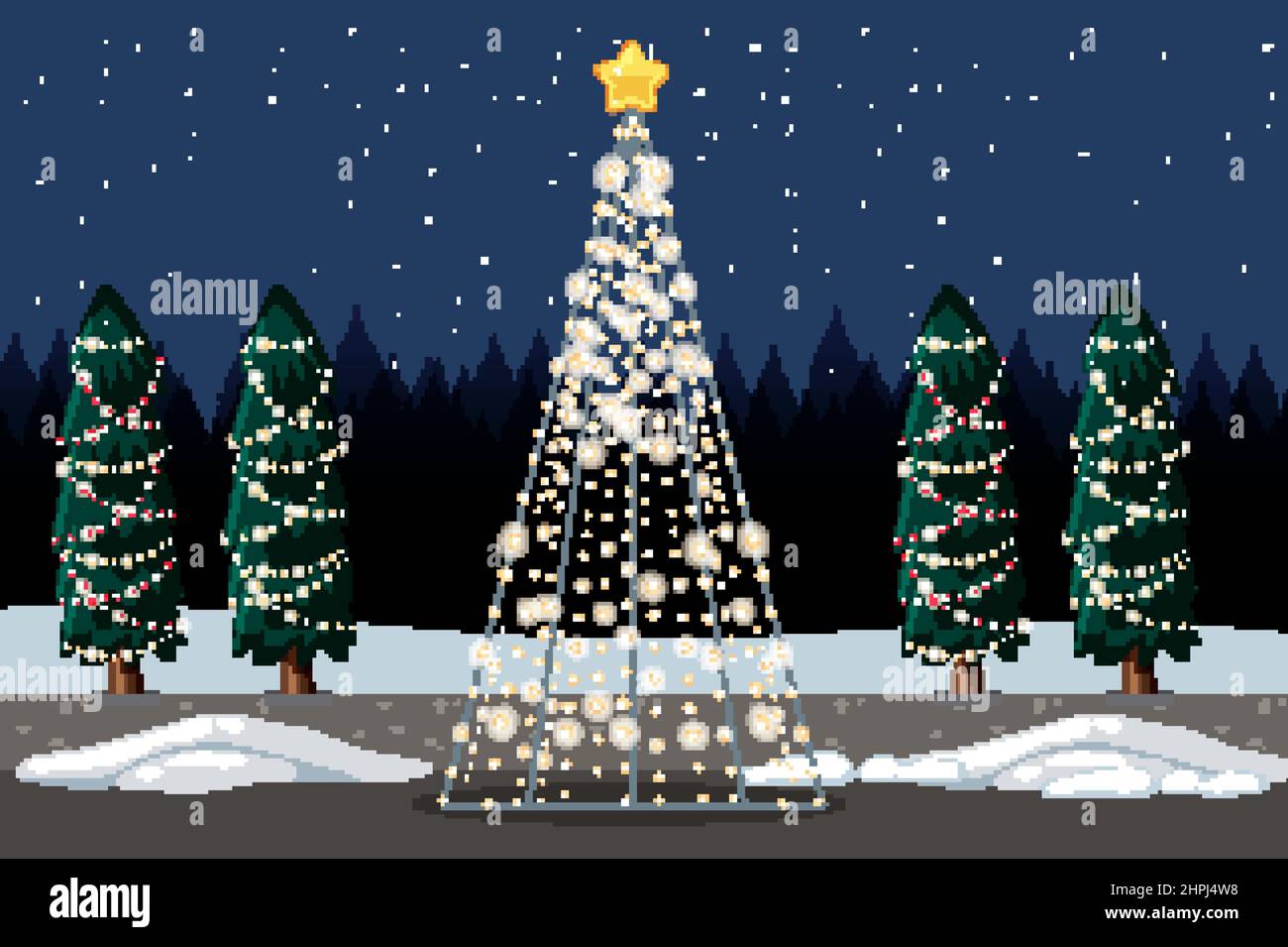 Light christmas tree with pine trees at night scene illustration Stock ...