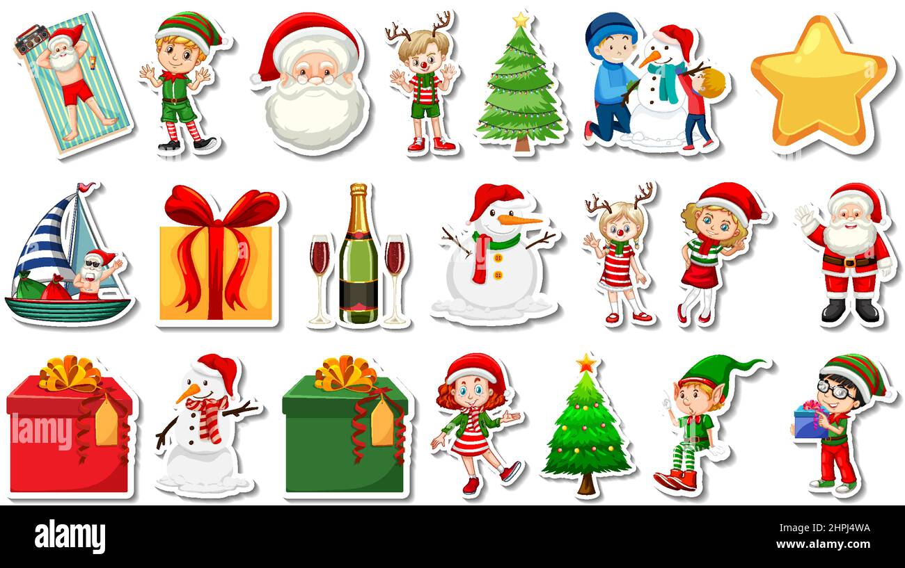 Set of Christmas objects and cartoon characters illustration Stock ...