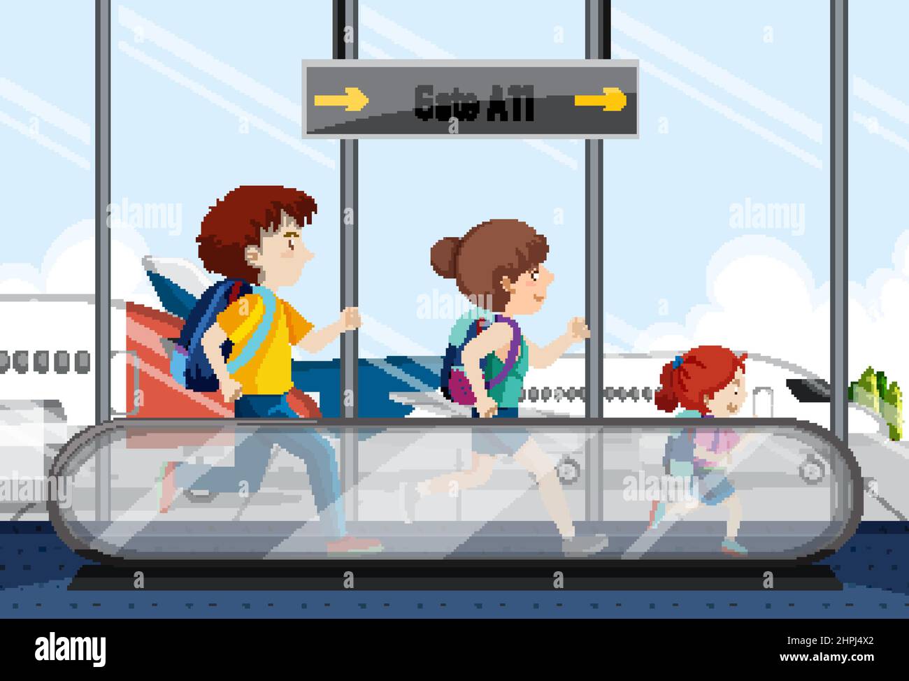 Inside airport with passengers on moving walkway illustration Stock ...