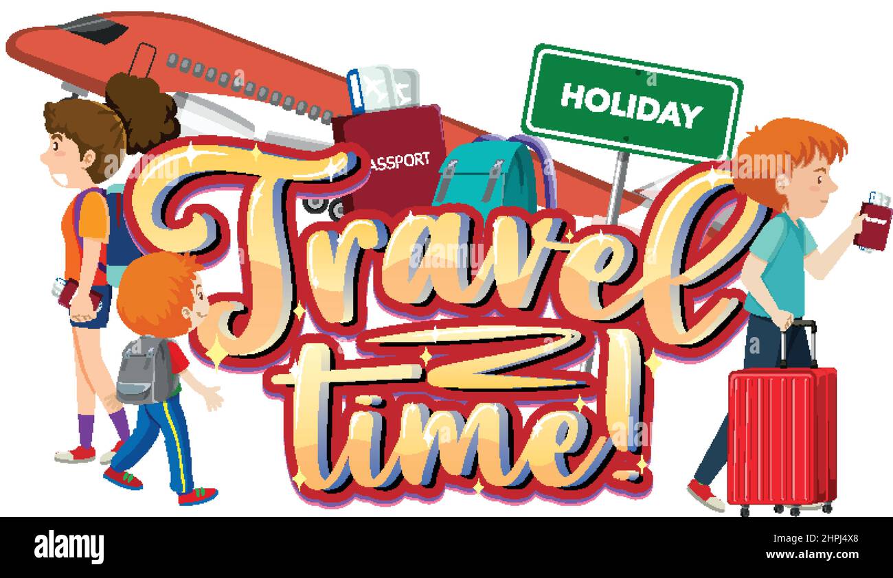 Travel Time typography design with people and travelling objects ...