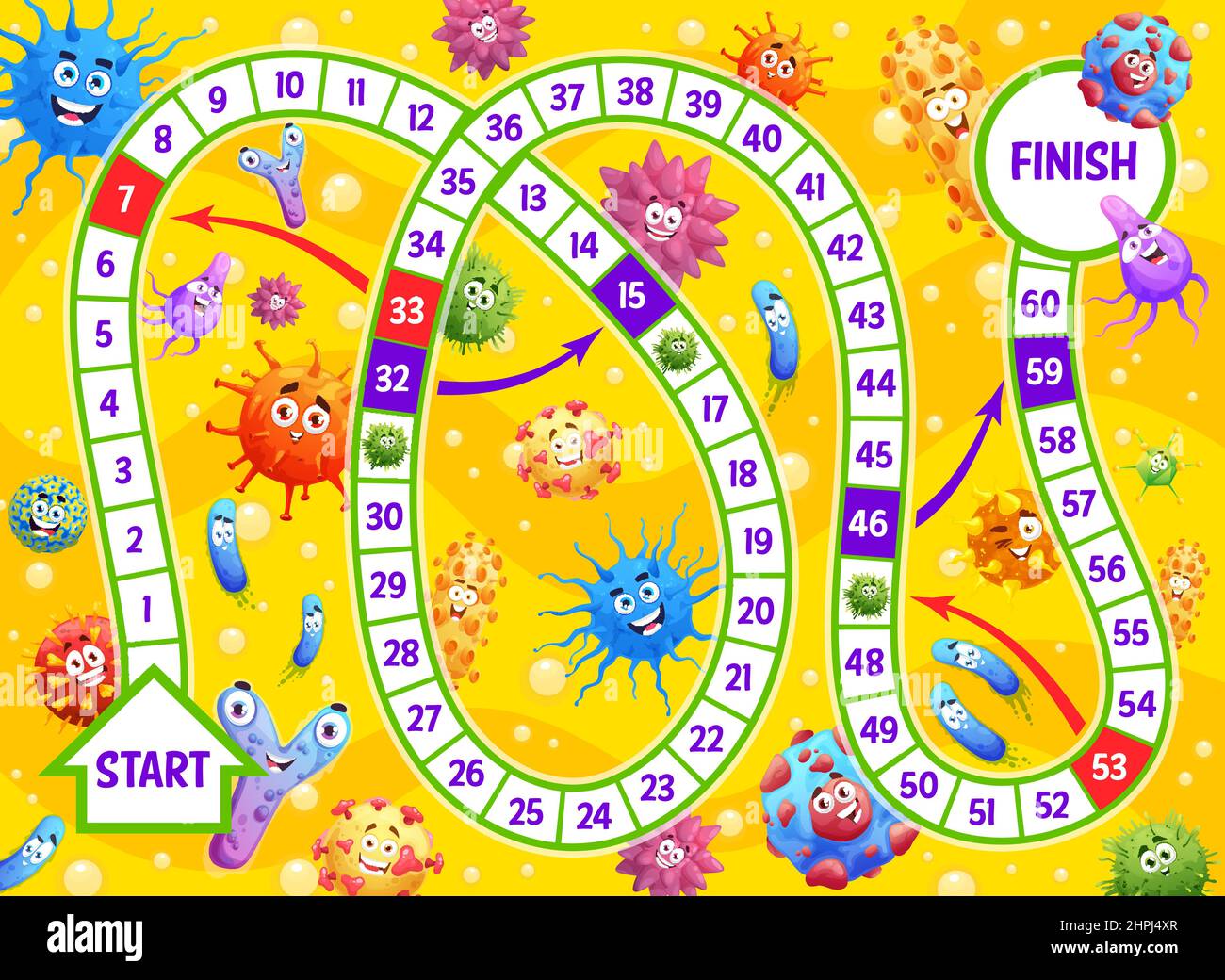 Kids board game, cartoon viruses and microbe cells, vector start and ...