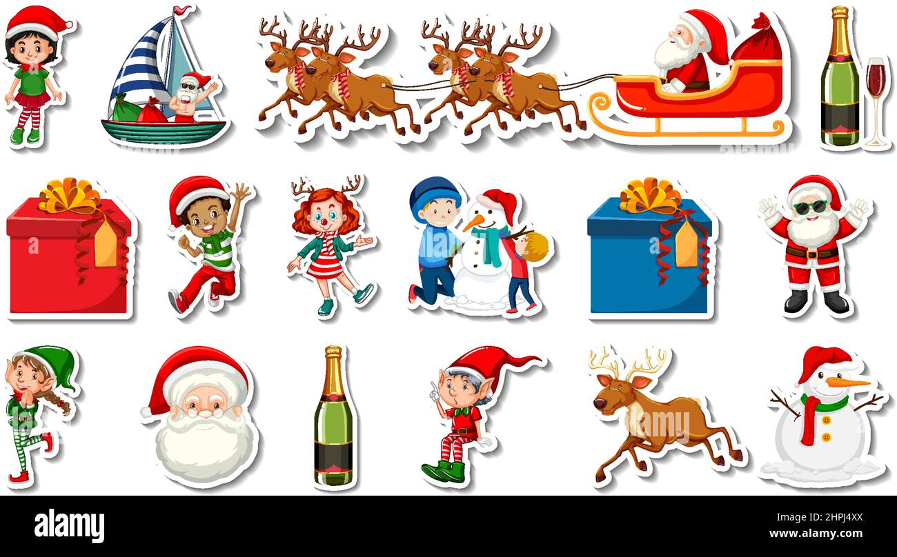 Set of Christmas objects and cartoon characters illustration Stock ...