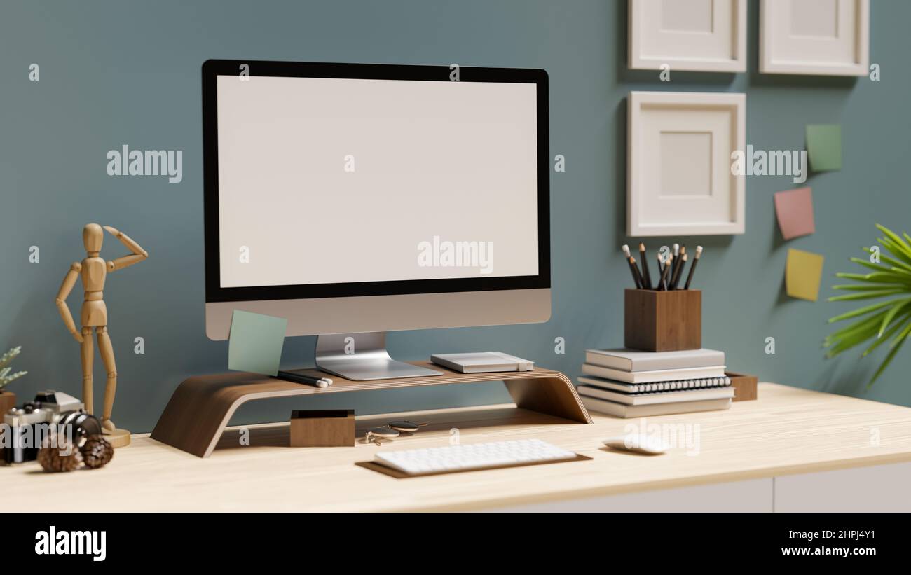 Modern trendy home office space with pc desktop computer white screen ...