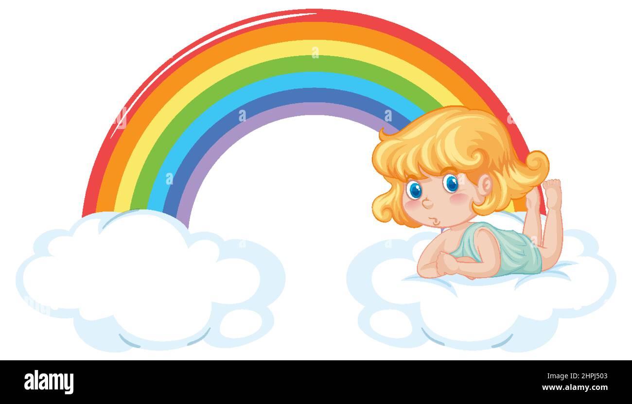 Angel girl lying on a cloud with rainbow illustration Stock Vector ...