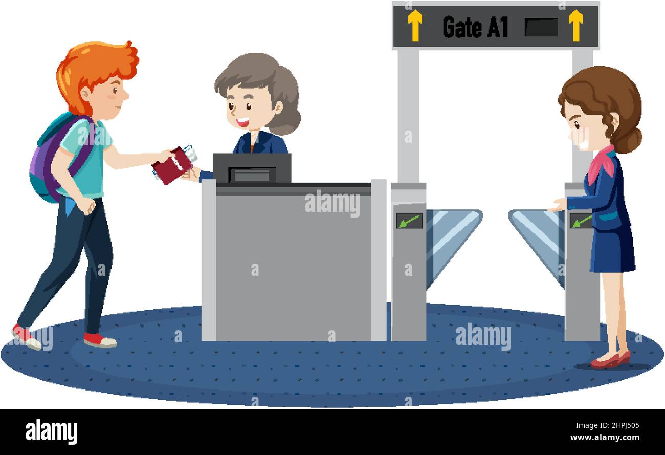 A passenger walking to boarding gate entrance illustration Stock Vector ...
