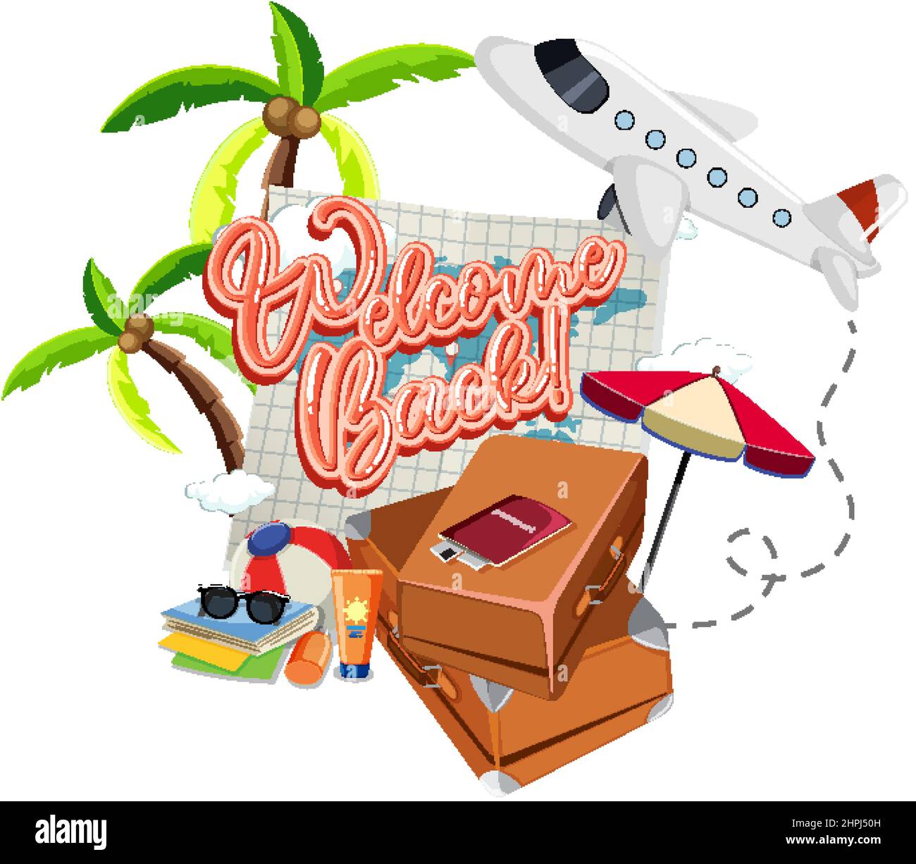 Welcome back typography design with travelling objects illustration ...