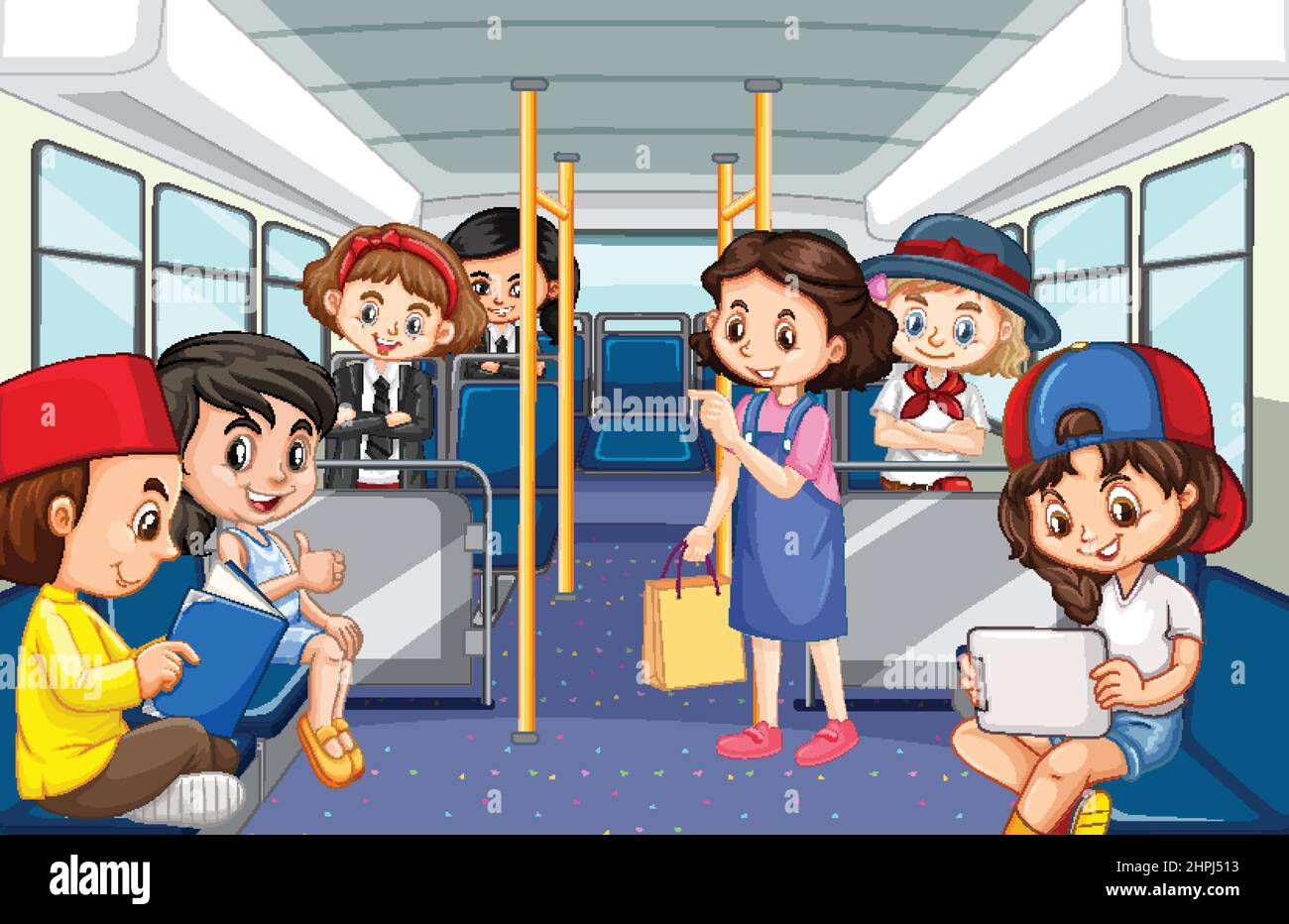 Scene with many people using public transportation illustration Stock ...