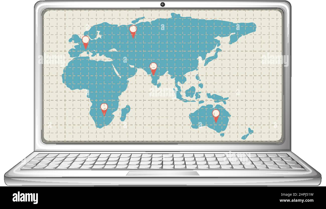 World map display on laptop illustration Stock Vector Image & Art - Alamy