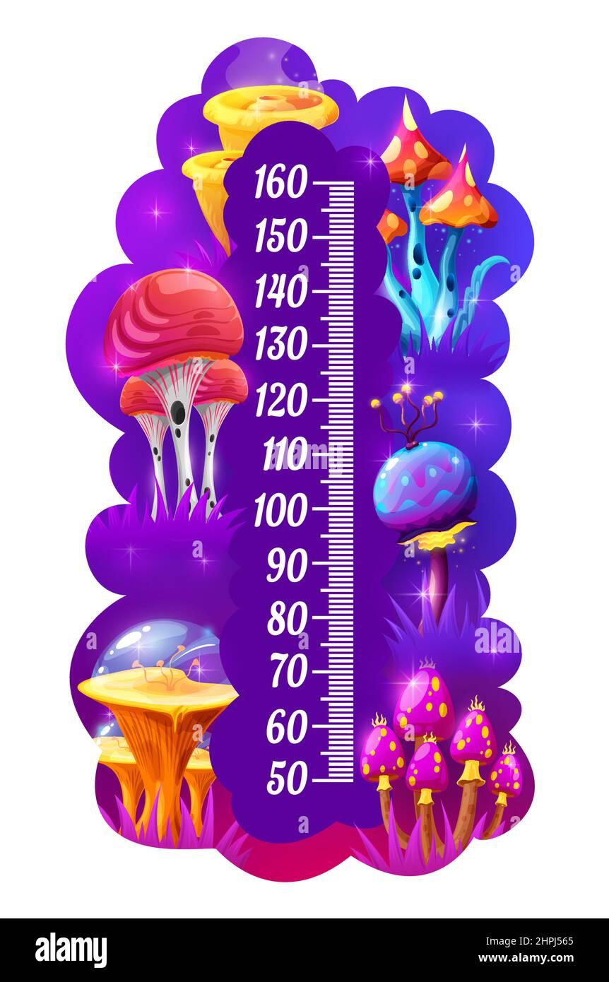 Kids height chart, fantastic fairy magic mushrooms. Vector wall growth ...